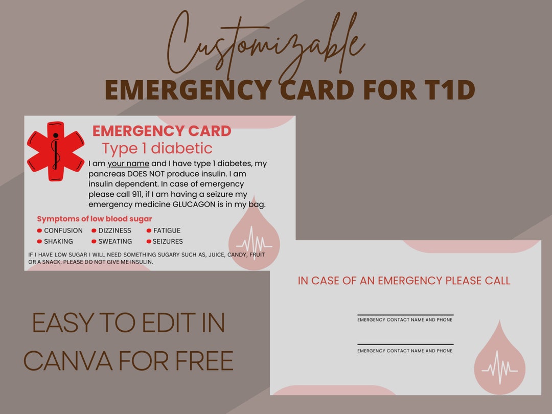 Digital Template T1D Emergency Card, Customizable Canva Template, Type ...