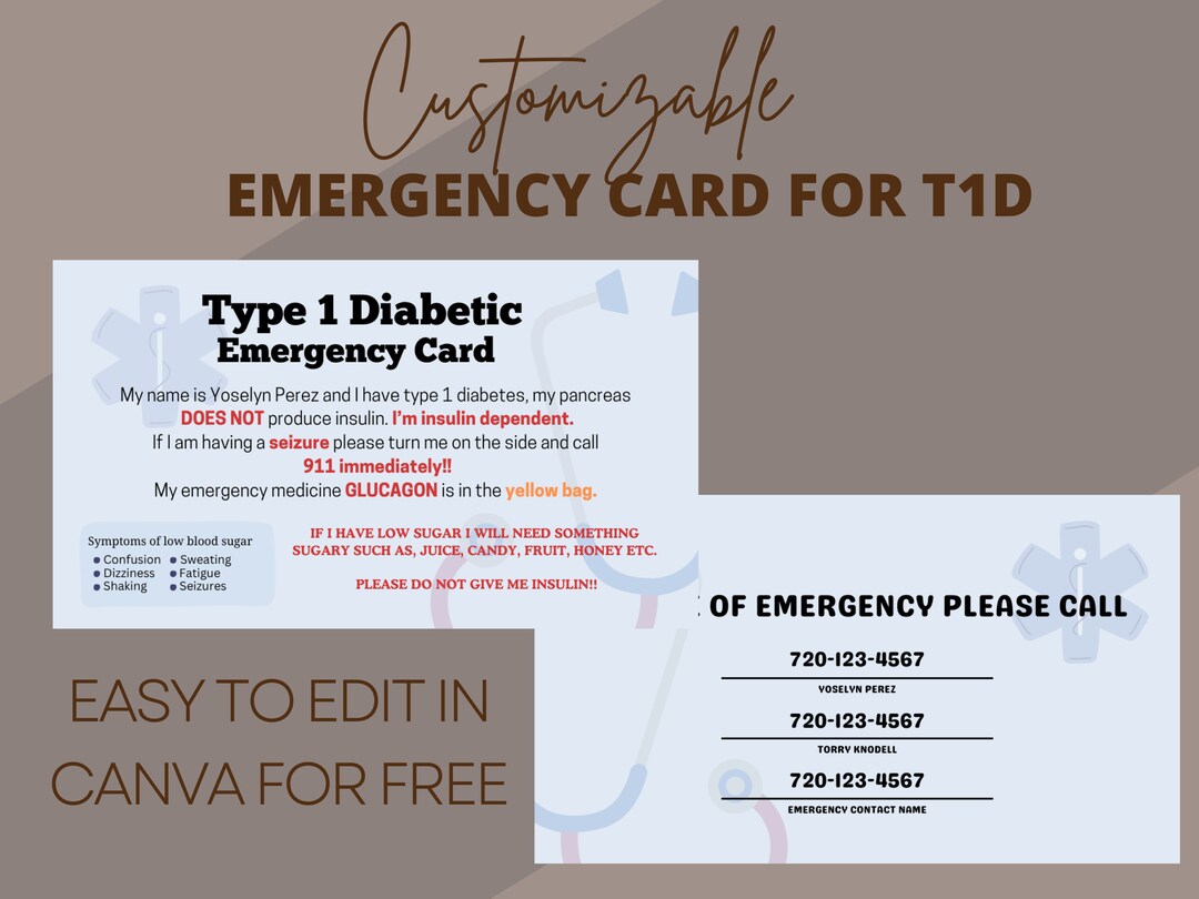 Digital Template for Type 1 Diabetes Emergency Card, Customizable Canva ...