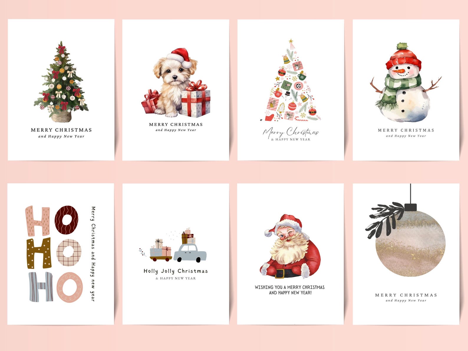 Printable Christmas Card Set – Holiday Snowman, Santa, Tree (digital ...