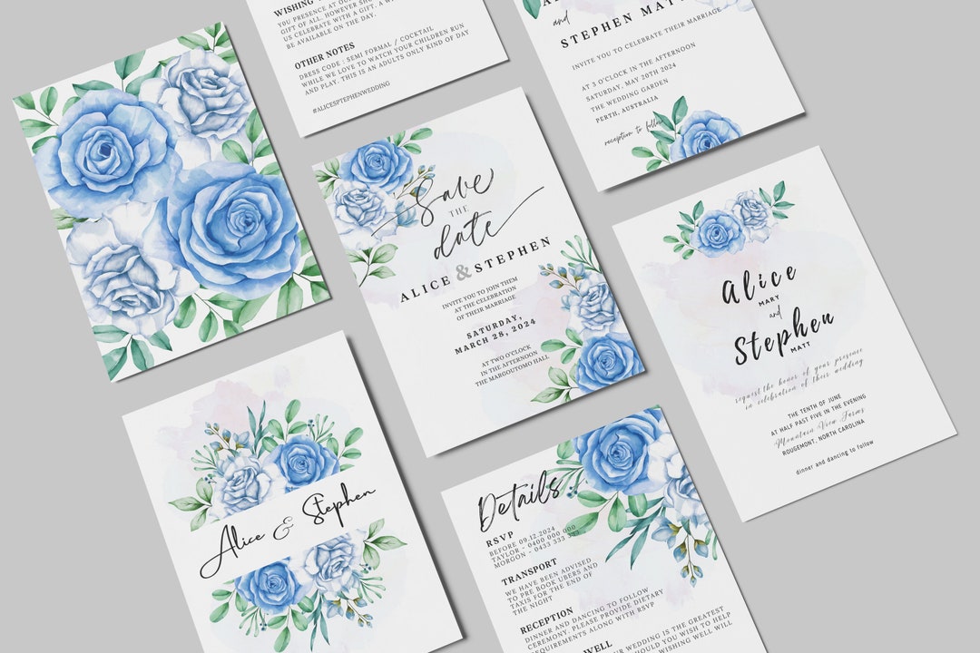 BLUE Rose Wedding Invitation Template, Dusty Blue Editable Floral ...