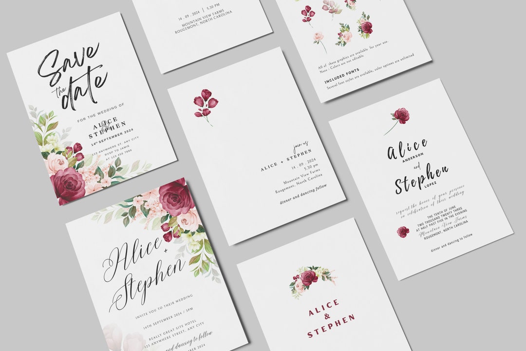 FLORA Dusty Pink Red Rose Wedding Invitation Template, Soft Pink Rose ...