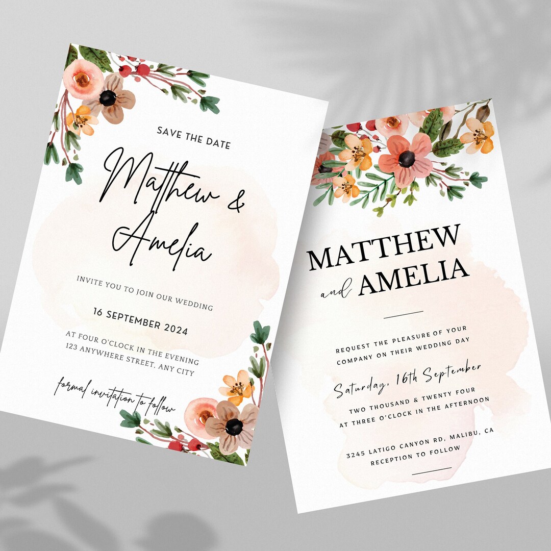 Terrocotta Yellow Brown Floral Watercolor Wedding Invitation Template ...