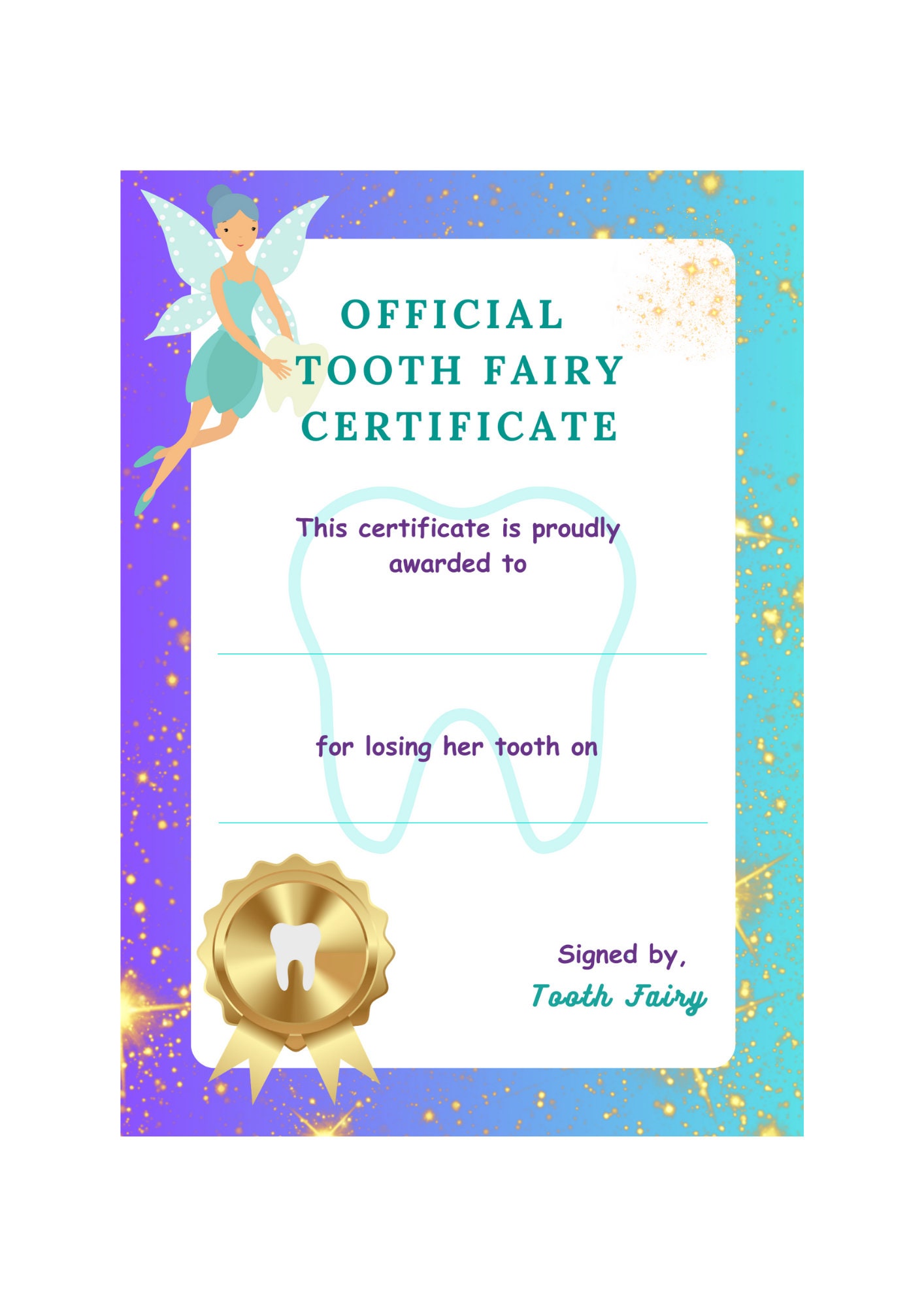 Tooth Fairy Certificate Printable Instant Download Boy Girl Lost Teeth ...