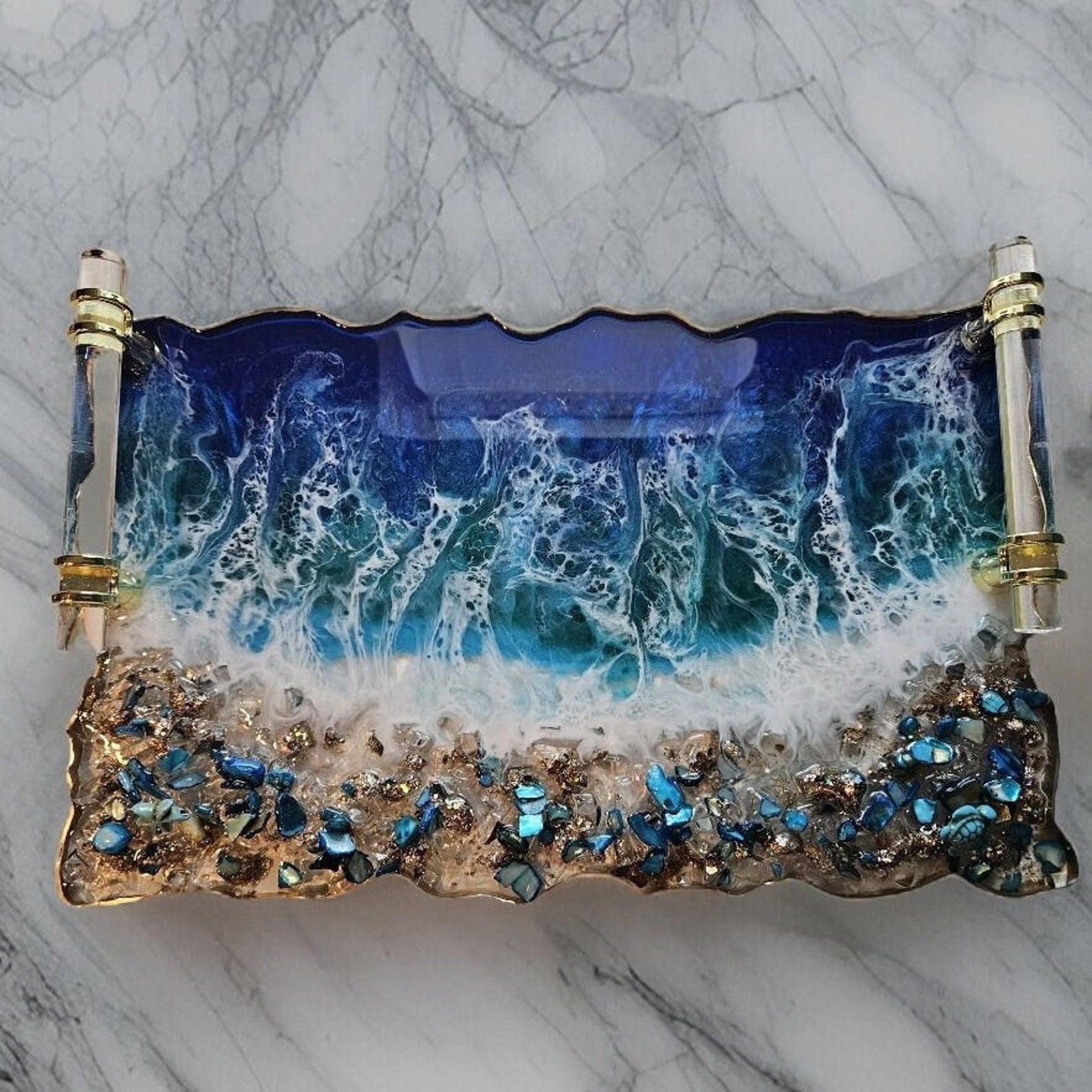 HANDMADE Large Decorative Ocean and Waves Resin Tray Glass Elegant Tray ...