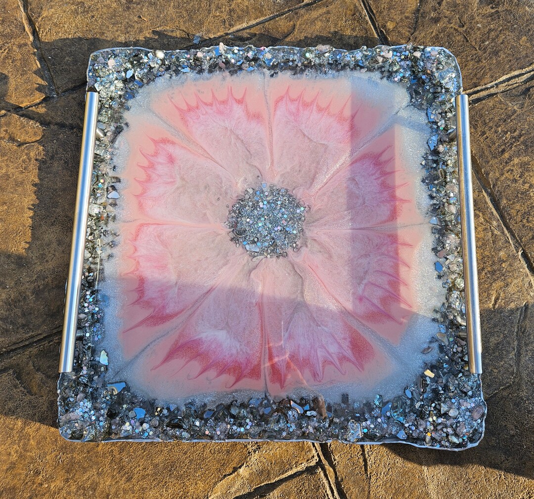 Resin Tray With Handles Bloom QUARTZ Pink and Silver Epoxied Tray ...