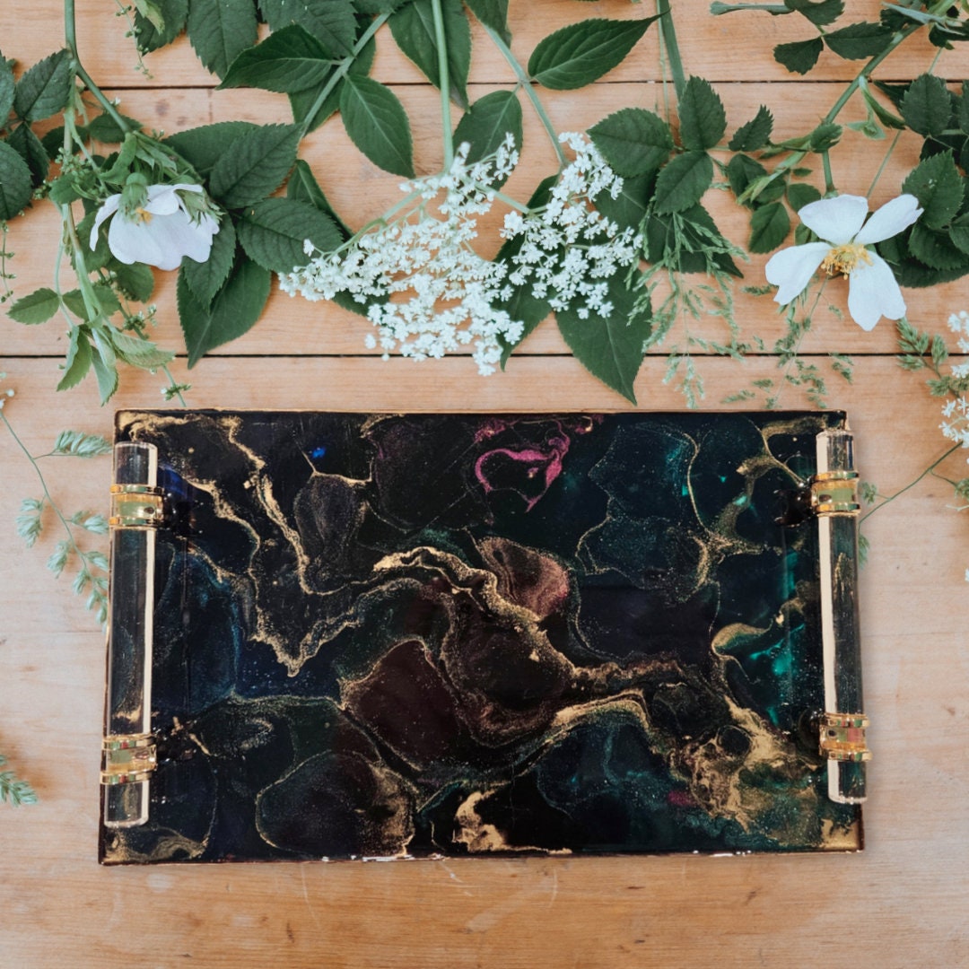 Multipurpose Resin Tray, Epoxied Serving Tray With Handles, Black ...