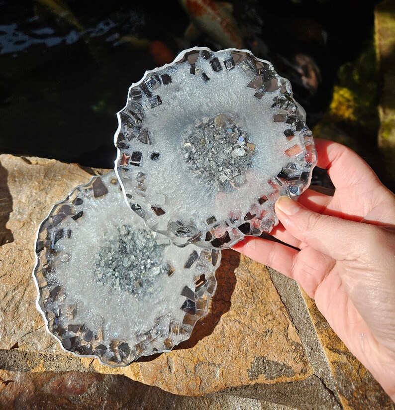 Large Silver and White Coasters With Reflective Mirror Glass Rim ...