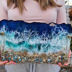 HANDMADE Large Decorative Ocean and Waves Resin Epoxied Tray Glass ...