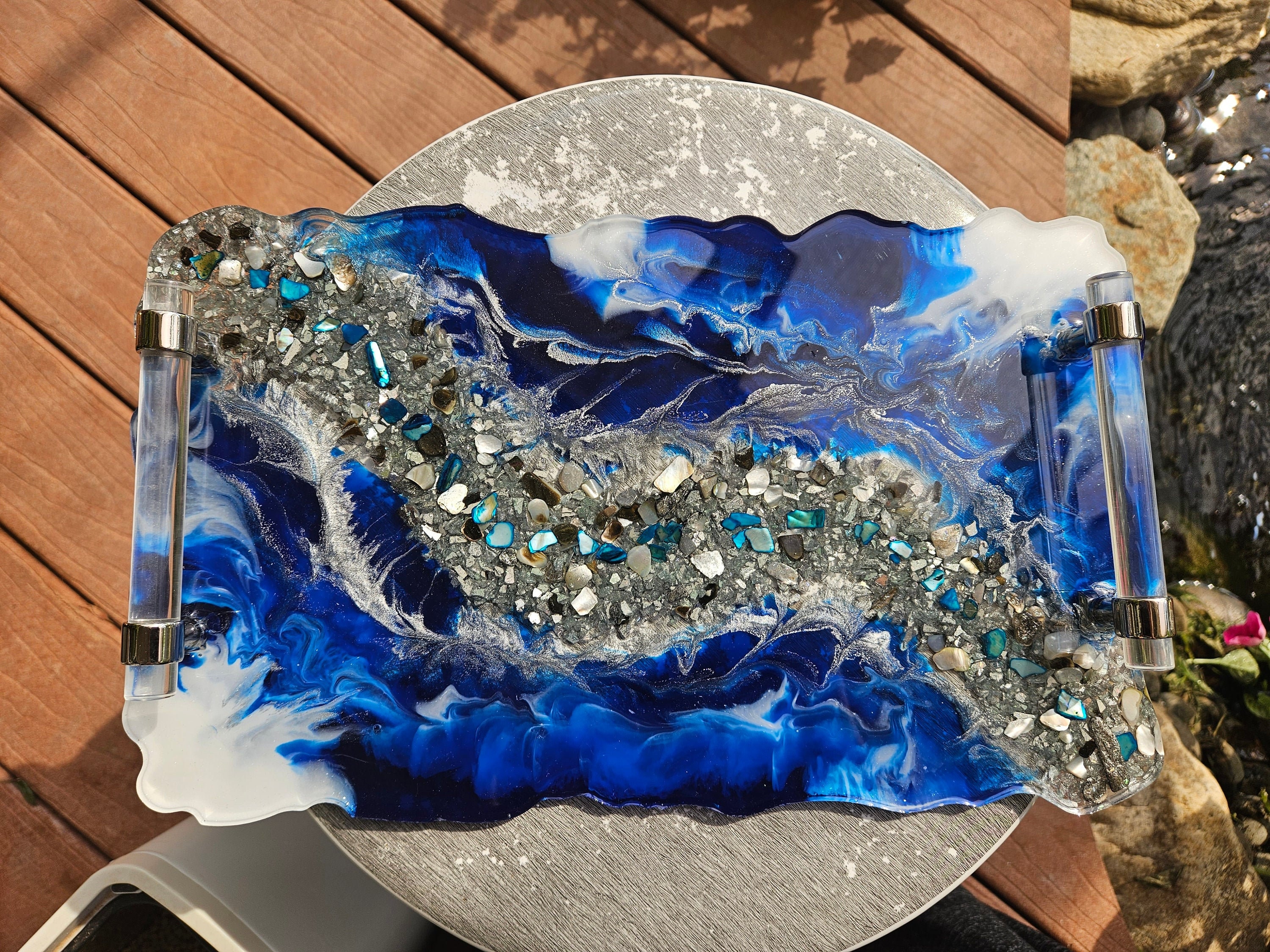 River Table Serving Tray With Glass Elegant Decorative Tray W/ Silver ...
