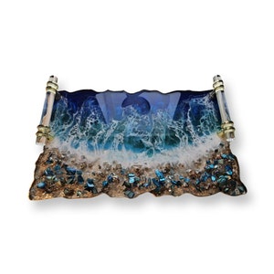 HANDMADE Large Decorative Ocean and Waves Resin Tray Glass Elegant Tray ...