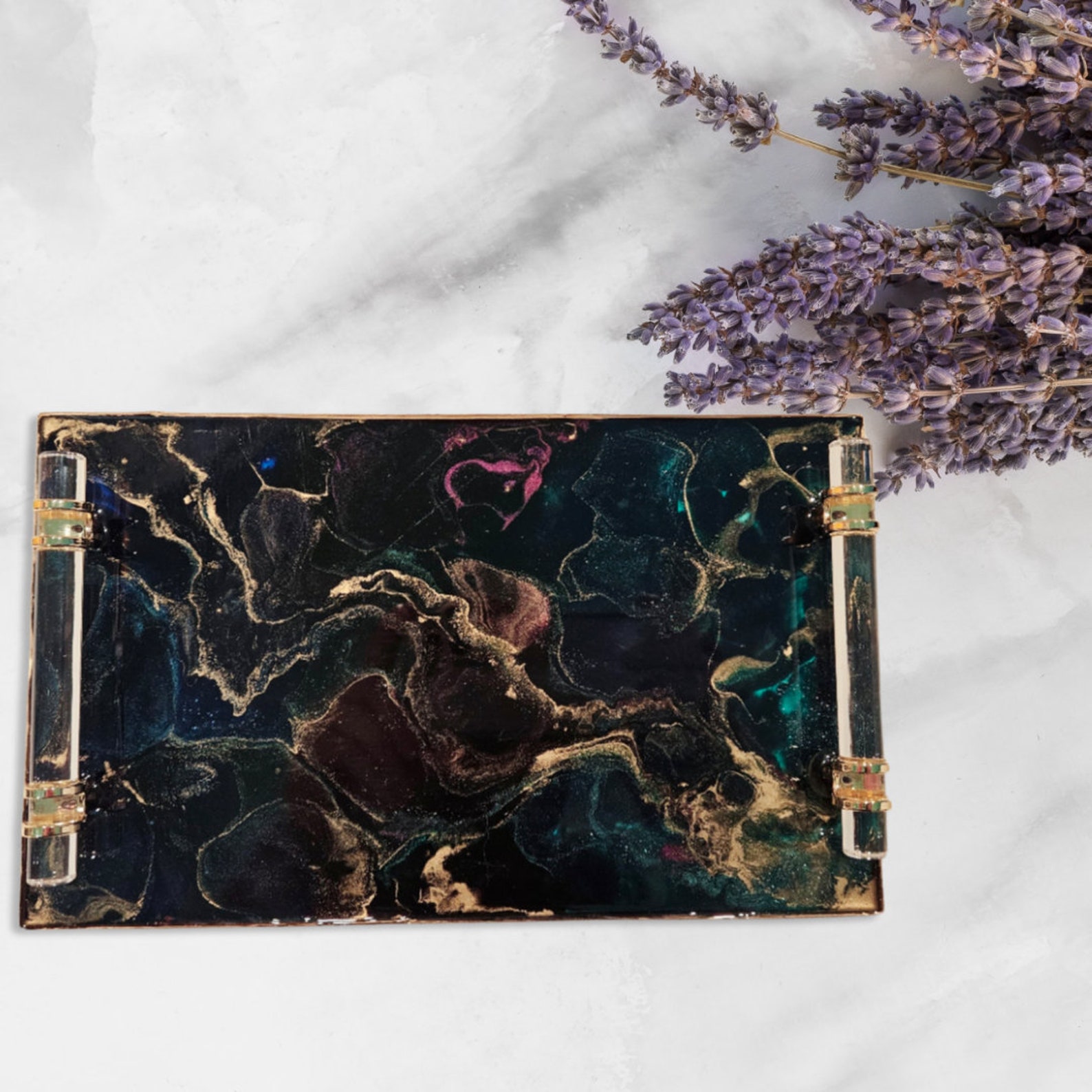 Multipurpose Resin Tray, Epoxied Serving Tray With Handles, Black ...