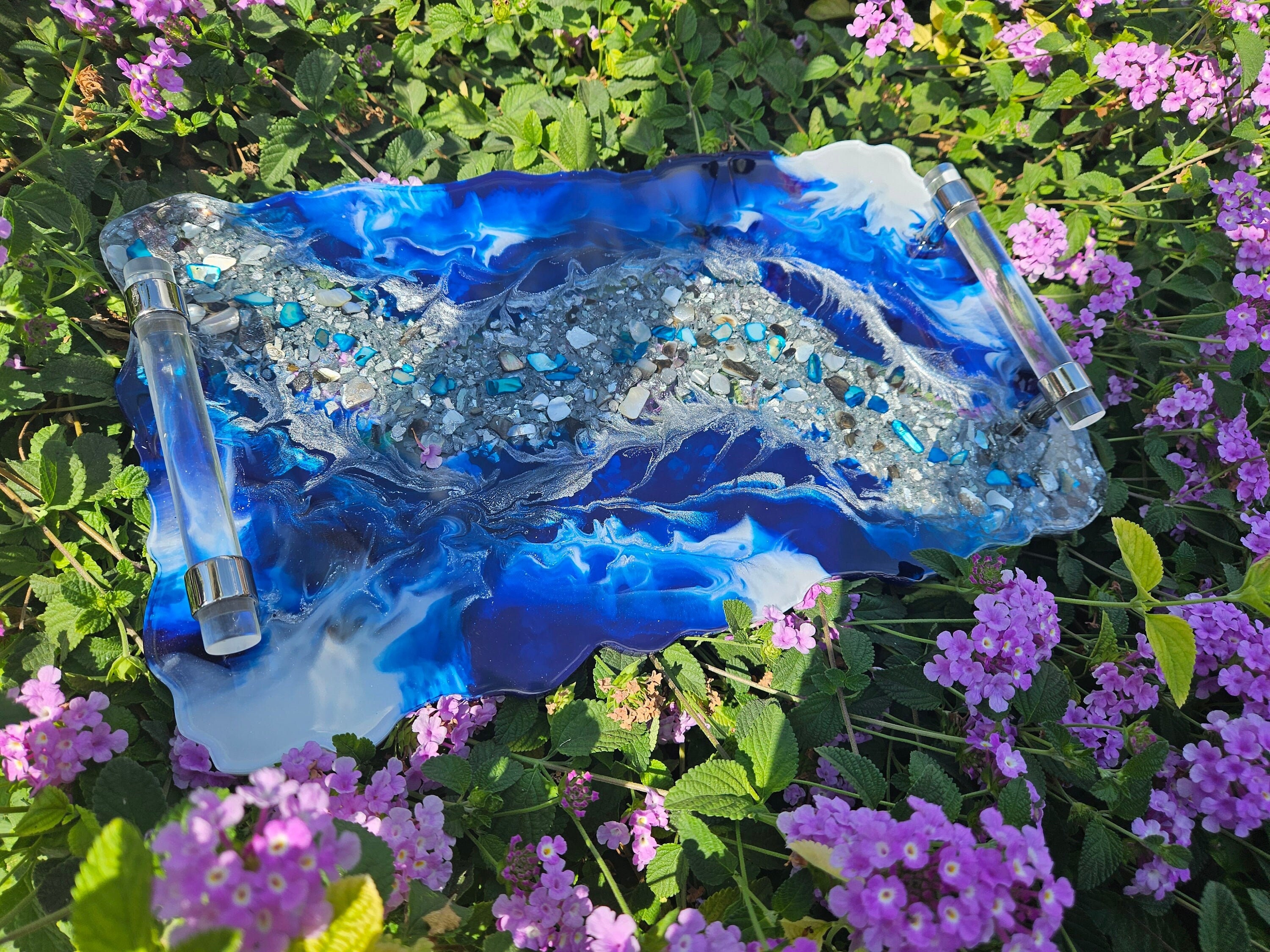 River Table Serving Tray With Glass Elegant Decorative Tray W/ Silver ...