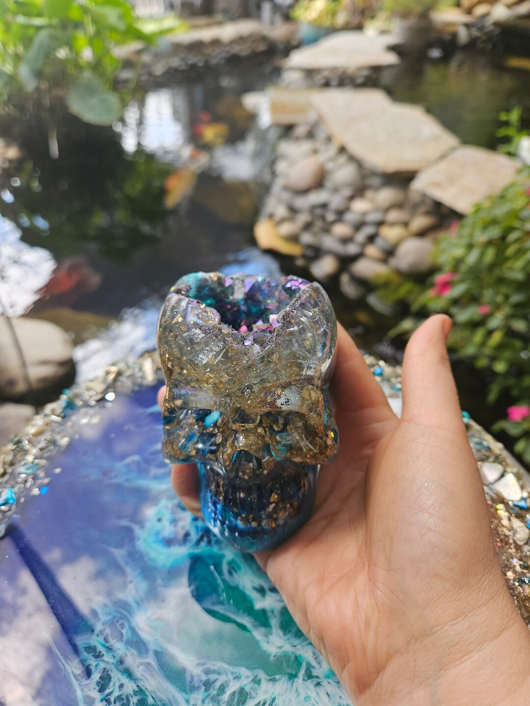 Resin Geode Skull Ocean and Mother of Pearl Skull With Crystals, Skull ...