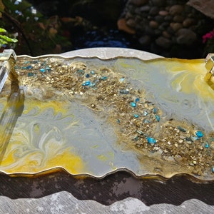 River Table Serving Tray With Glass Elegant Decorative Tray W/ Silver ...