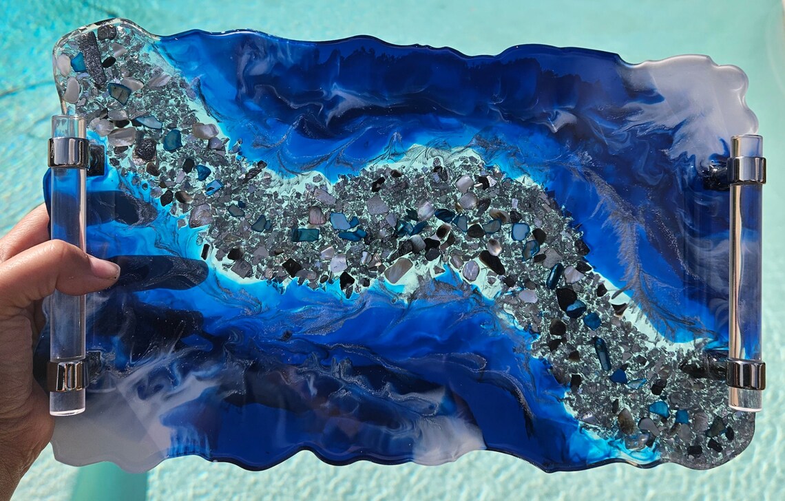 River Table Serving Tray With Glass Elegant Decorative Tray W/ Silver ...