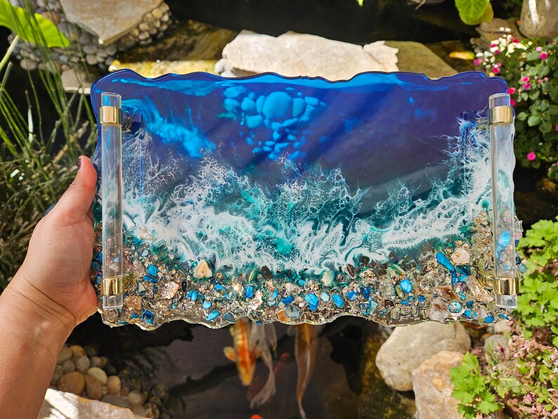 HANDMADE Large Decorative Ocean and Waves Resin Tray Glass Elegant Tray ...