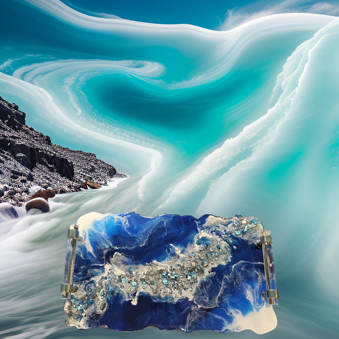 River Table Serving Tray With Glass Elegant Decorative Tray W/ Silver ...