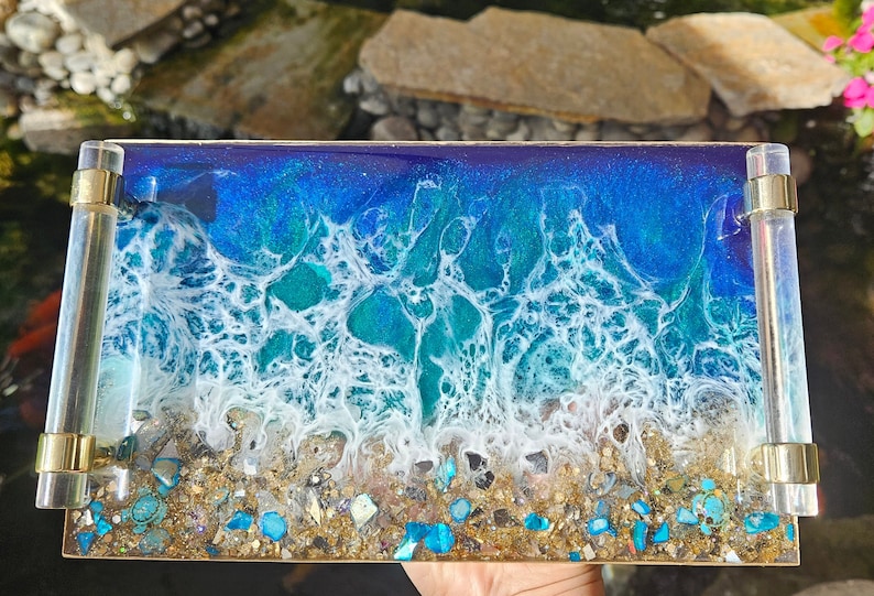 Handmade Resin Tray With Handles, Ocean and Waves Resin Art Serving ...