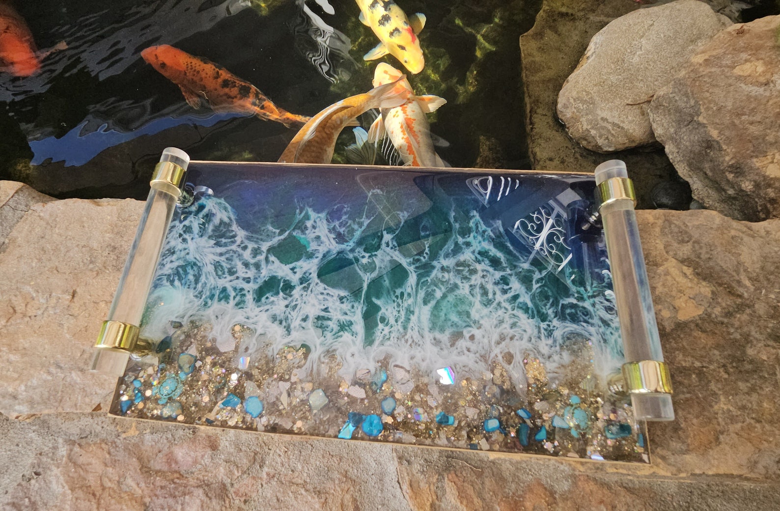 HANDMADE Large Decorative Ocean Resin Tray Glass Elegant Tray W/ Gold ...
