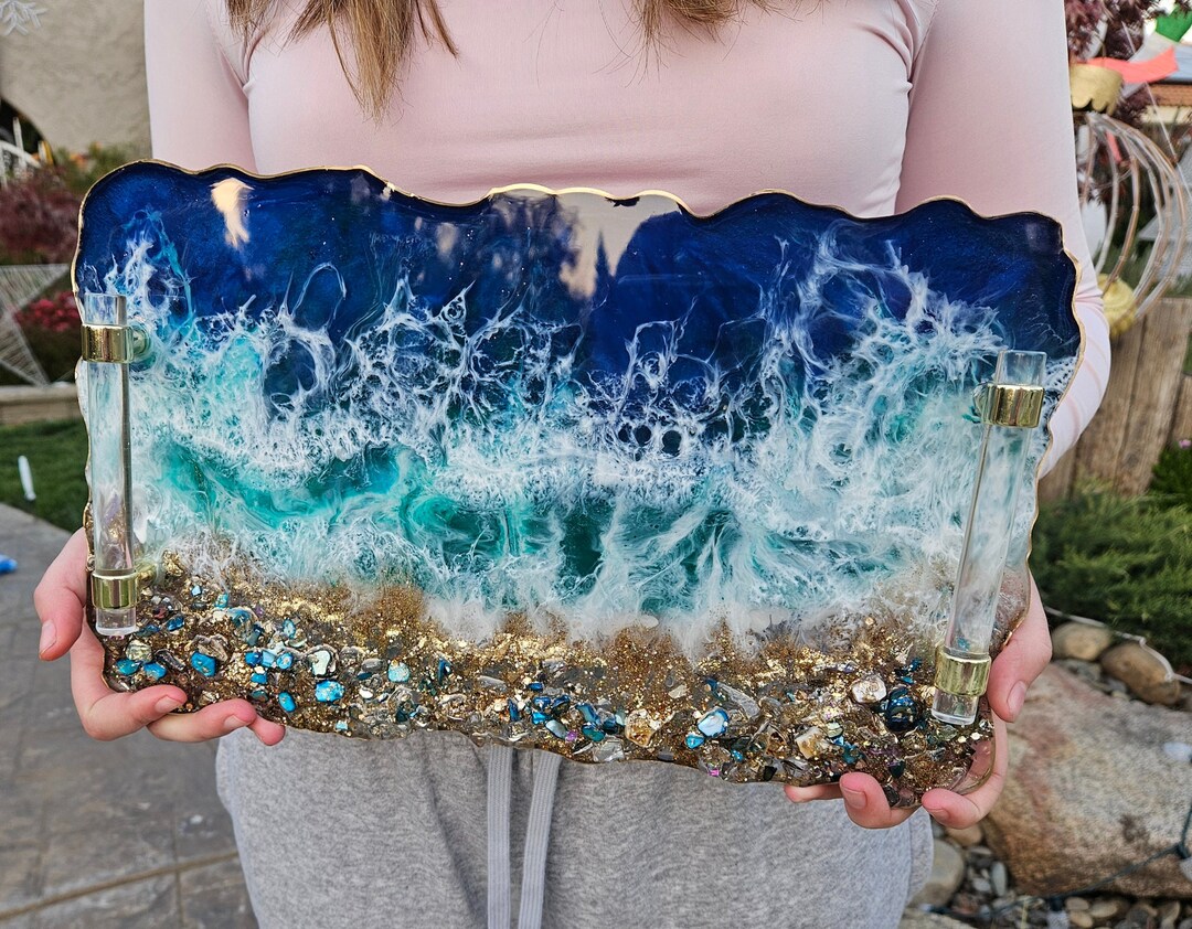 HANDMADE Large Decorative Ocean and Waves Resin Epoxied Tray Glass ...