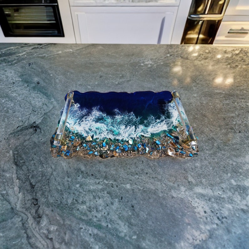 HANDMADE Large Decorative Ocean and Waves Resin Tray Glass Elegant Tray ...