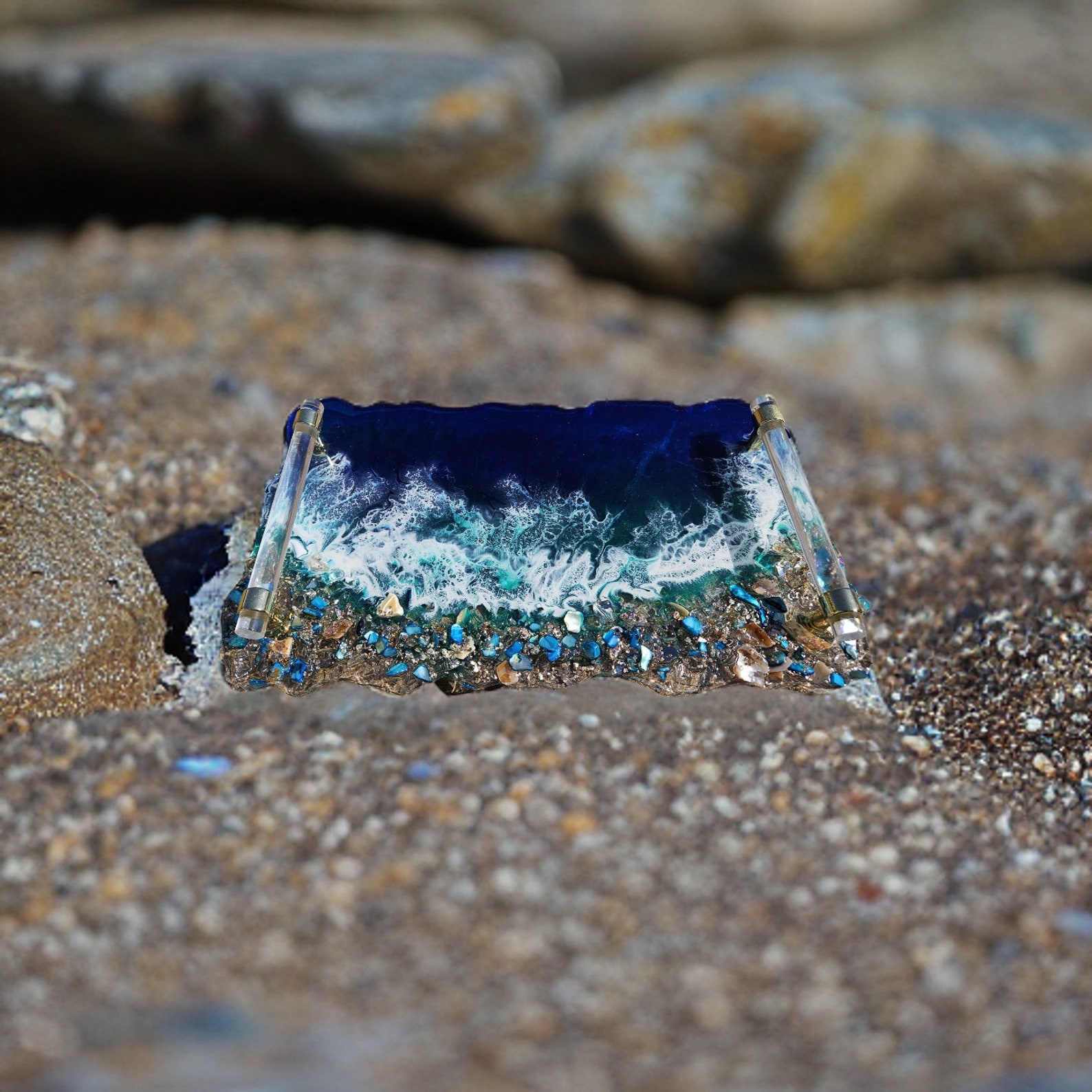 HANDMADE Large Decorative Ocean and Waves Resin Tray Glass Elegant Tray ...