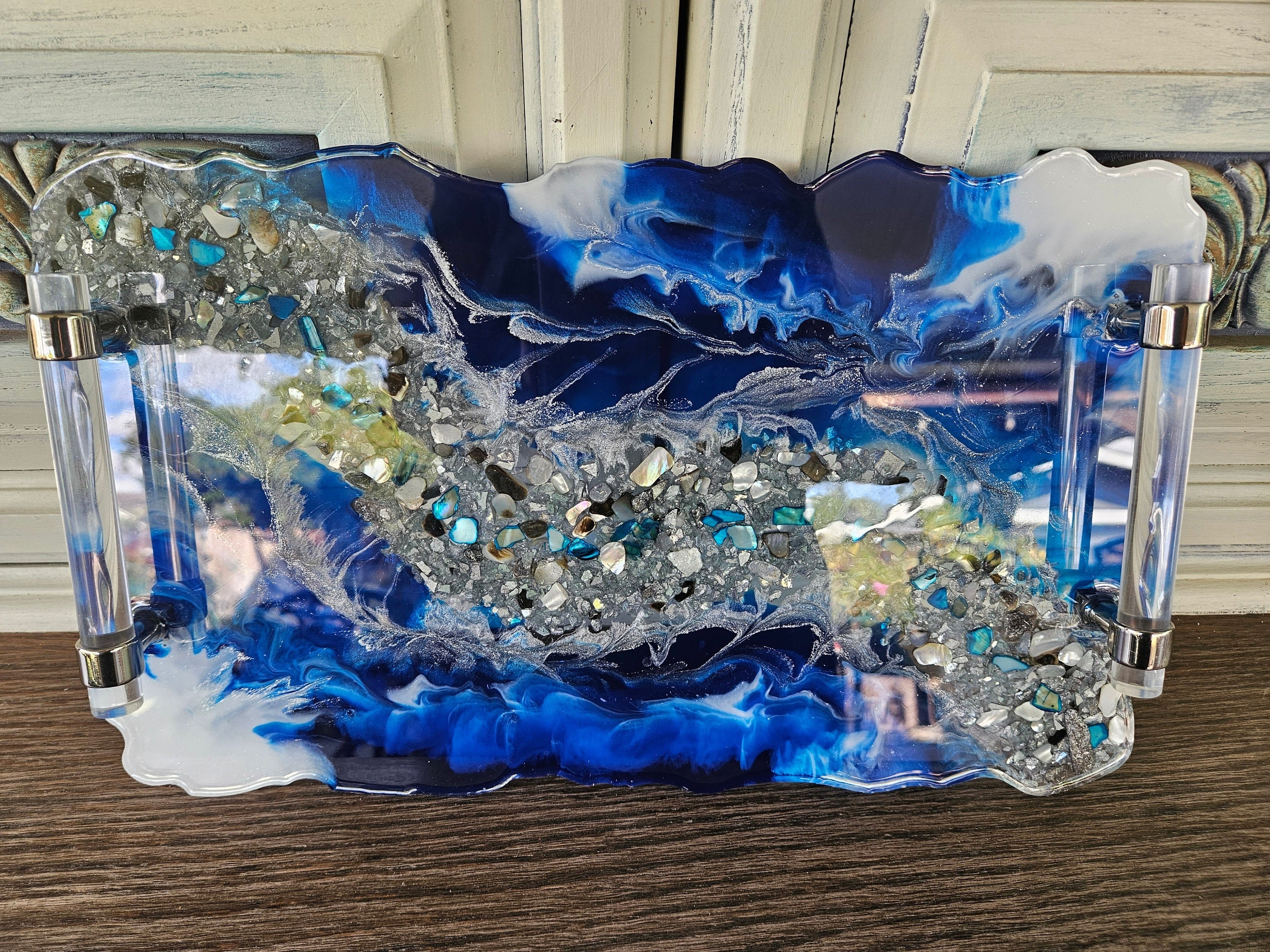 River Table Serving Tray With Glass Elegant Decorative Tray W/ Silver ...