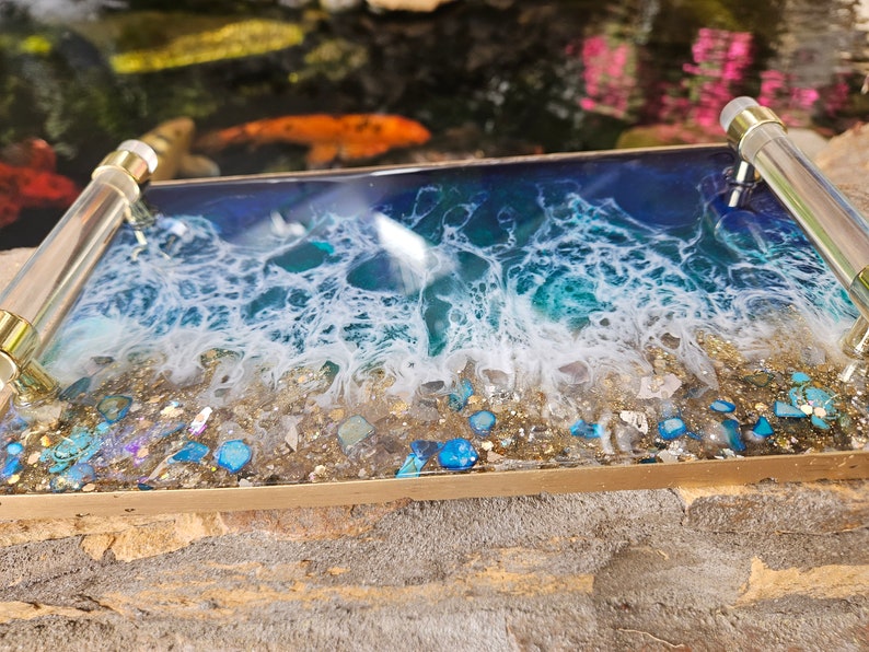 Handmade Resin Tray With Handles, Ocean and Waves Resin Art Serving ...