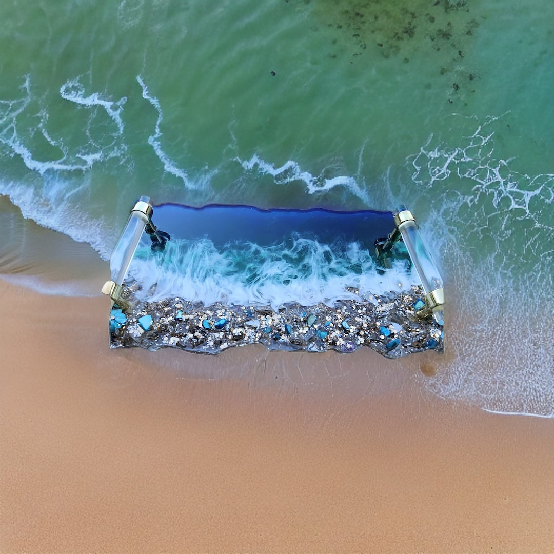 HANDMADE Large Decorative Ocean and Waves Resin Tray Glass Elegant Tray ...