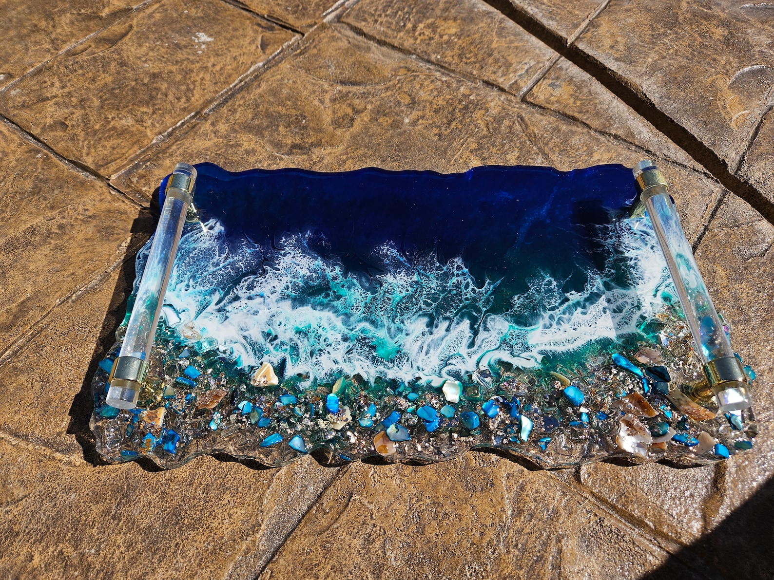HANDMADE Large Decorative Ocean and Waves Resin Tray Glass Elegant Tray ...
