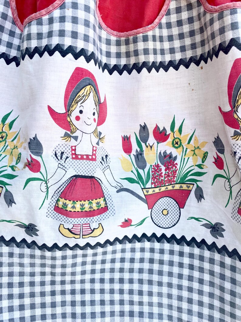 Vintage 1950s Tulip & Dutch Girl Apron: Red Gingham Cottagecore Kitchen ...