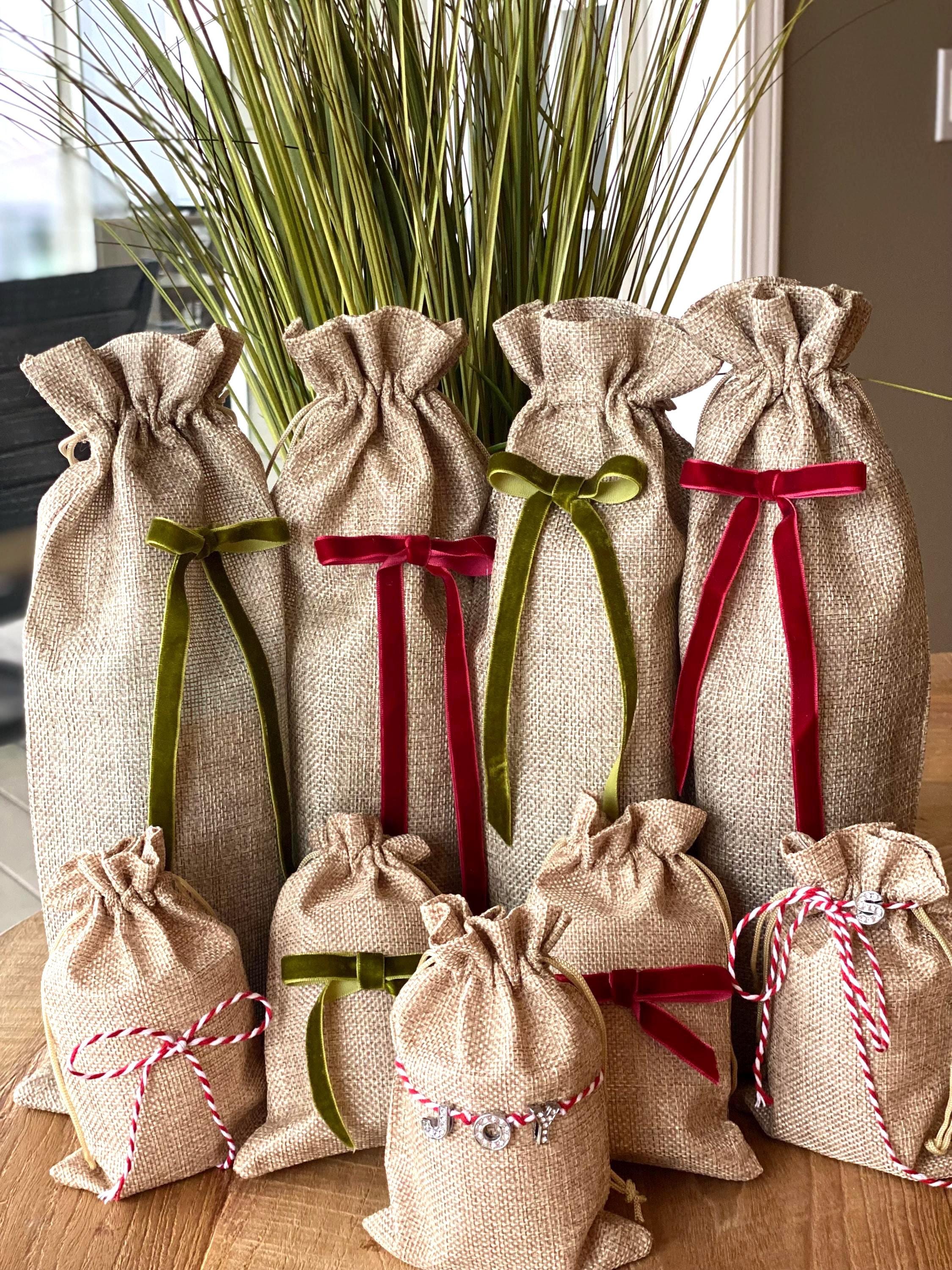 Handmade Velvet Bow Wine Sack Rustic Burgundy or Olive Green Gift Bag ...