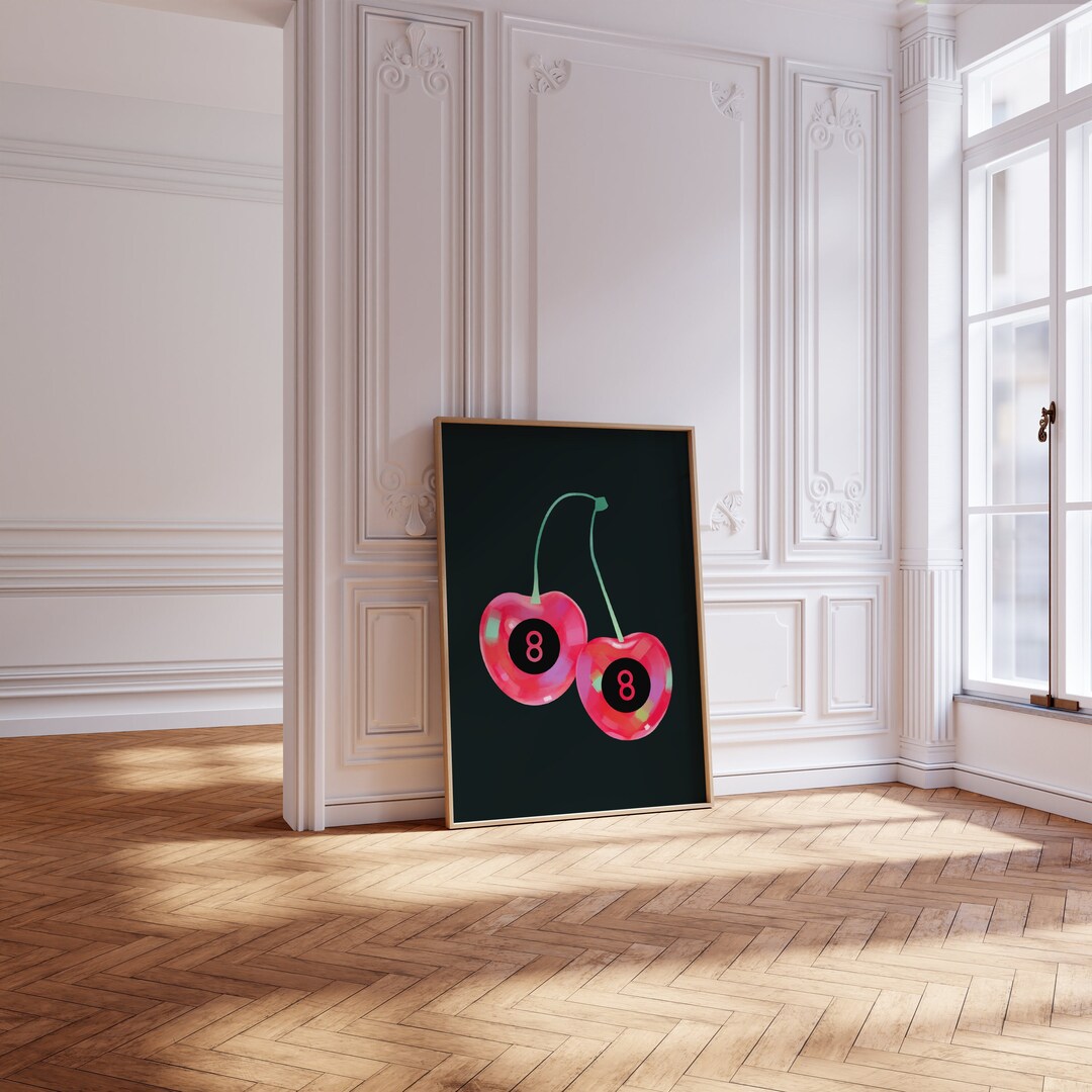Trendy Retro 8 Ball Cherry Print, Cherries Apartment Wall Art, Lucky ...