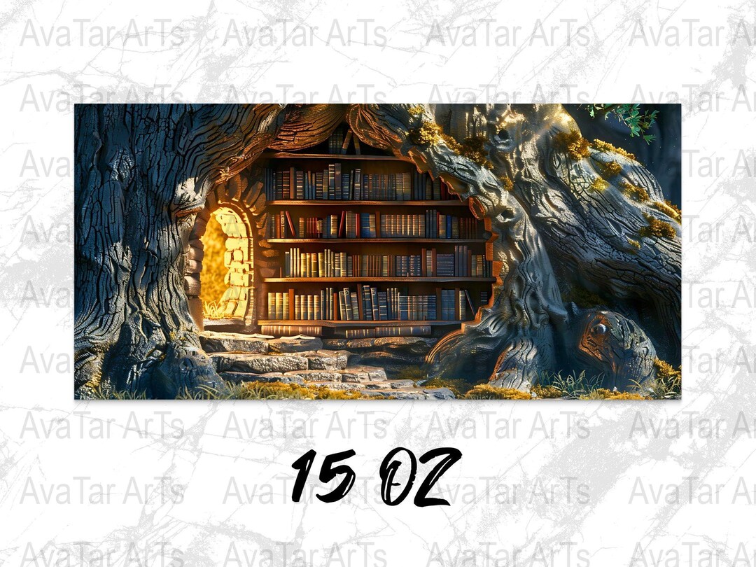 3D Enchanted Forest Library Mug, 3D Bookshelf Design, Magical Tree ...