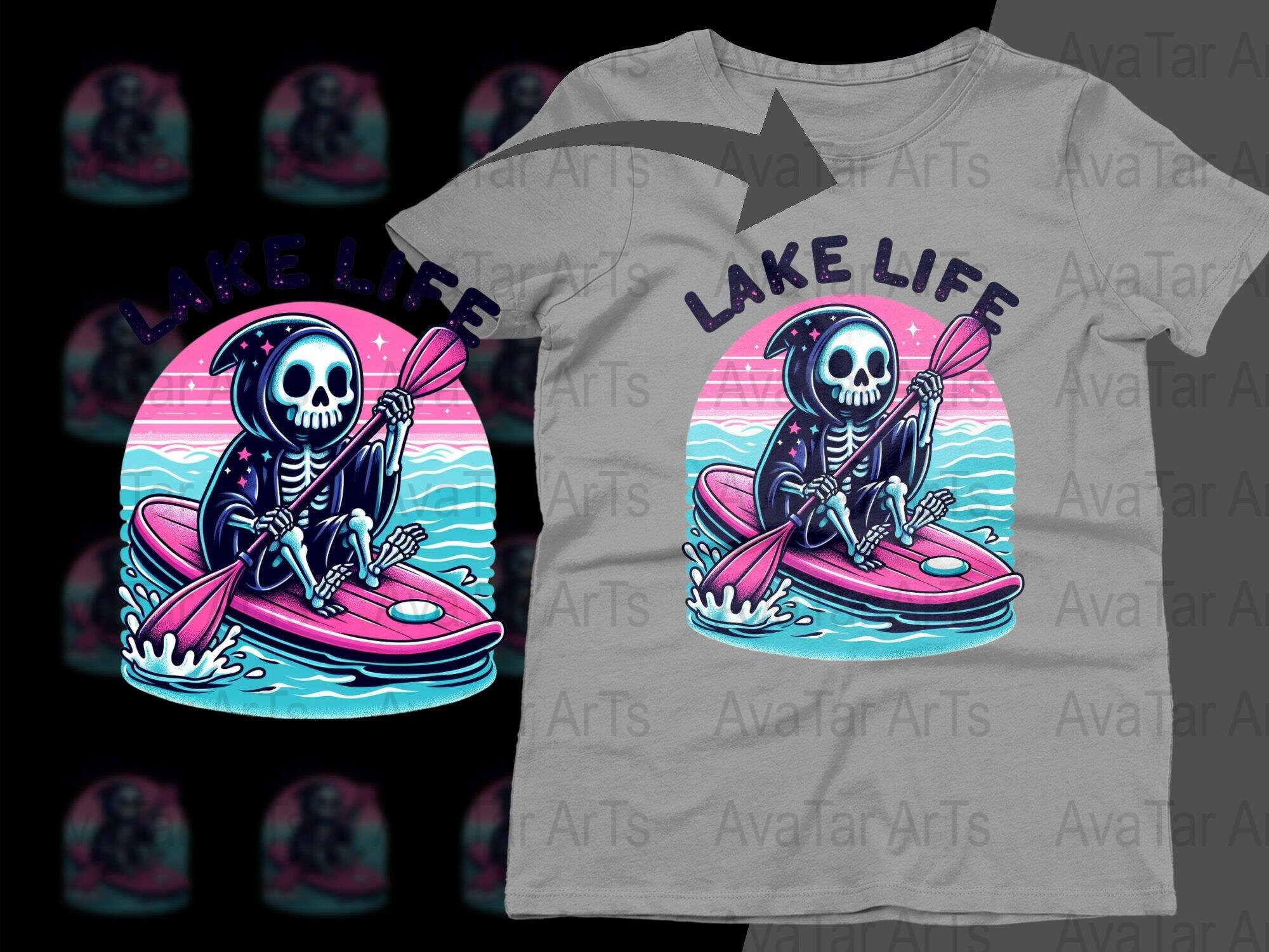 Lake Life Skeleton Kayaking Digital Art Print, Pink Watercraft, Skull ...
