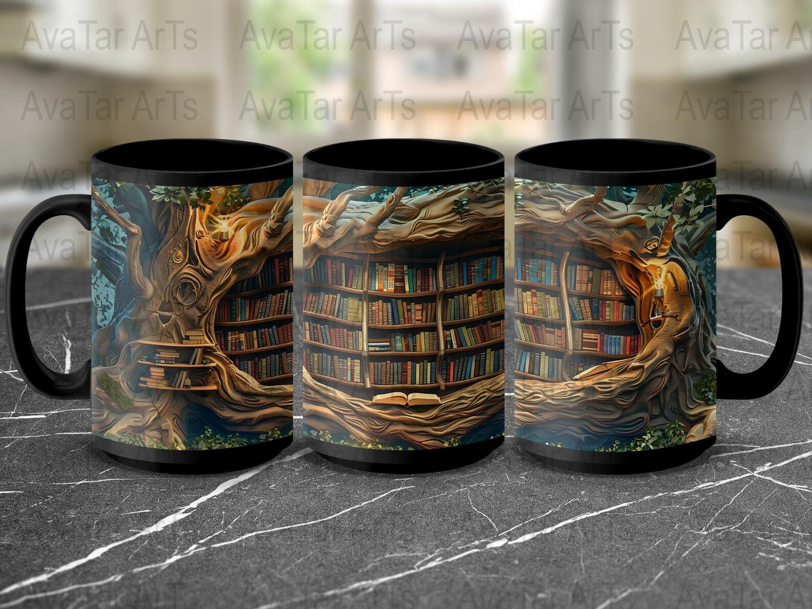 3D Enchanted Forest Library Bookshelf 3D Mug, Fantasy Tree Book Lover ...