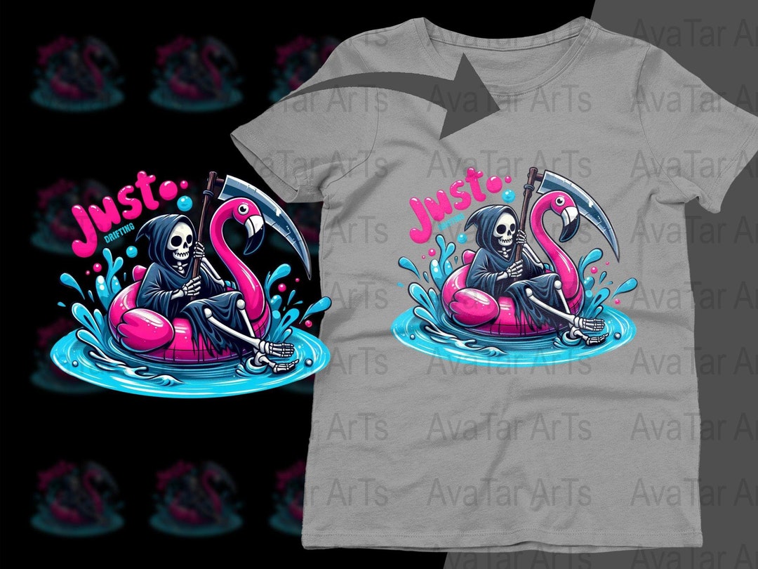 Just Drifting Skeleton on Flamingo Raft Cartoon, Funny Summer Art ...