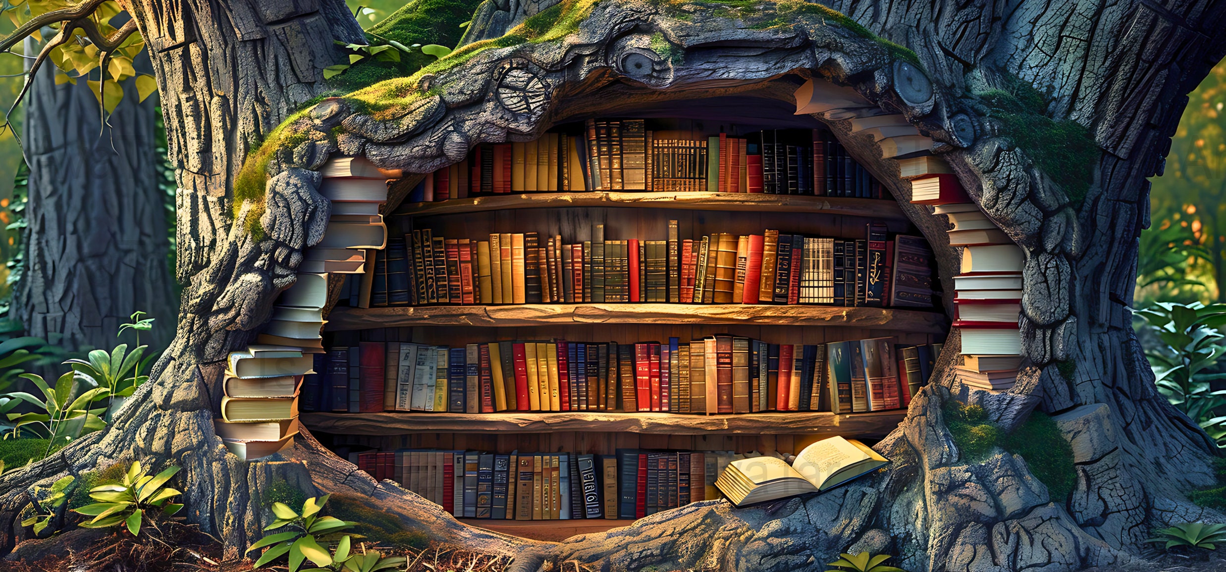 3D Enchanted Forest Bookshelf Mug, 3D Magical Tree Library Coffee Cup ...