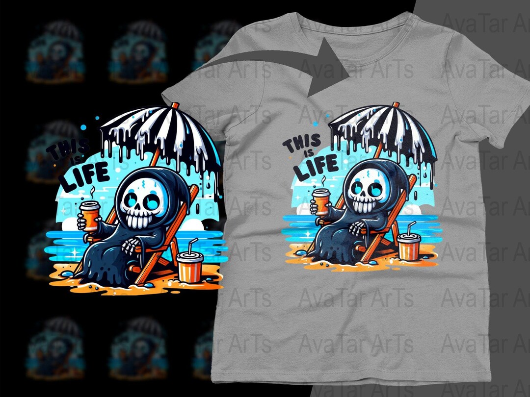 Relaxing Skeleton Beach Scene Digital Print, Colorful Cartoon Skull Art ...