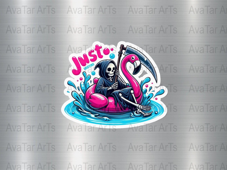 Just Drifting Skeleton on Flamingo Raft Cartoon, Funny Summer Art ...