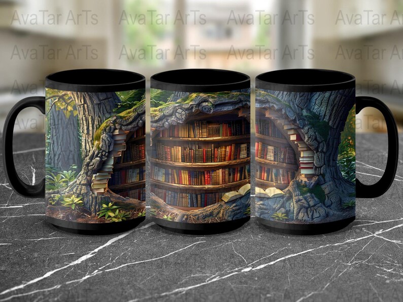 3D Enchanted Forest Bookshelf Mug, 3D Magical Tree Library Coffee Cup ...