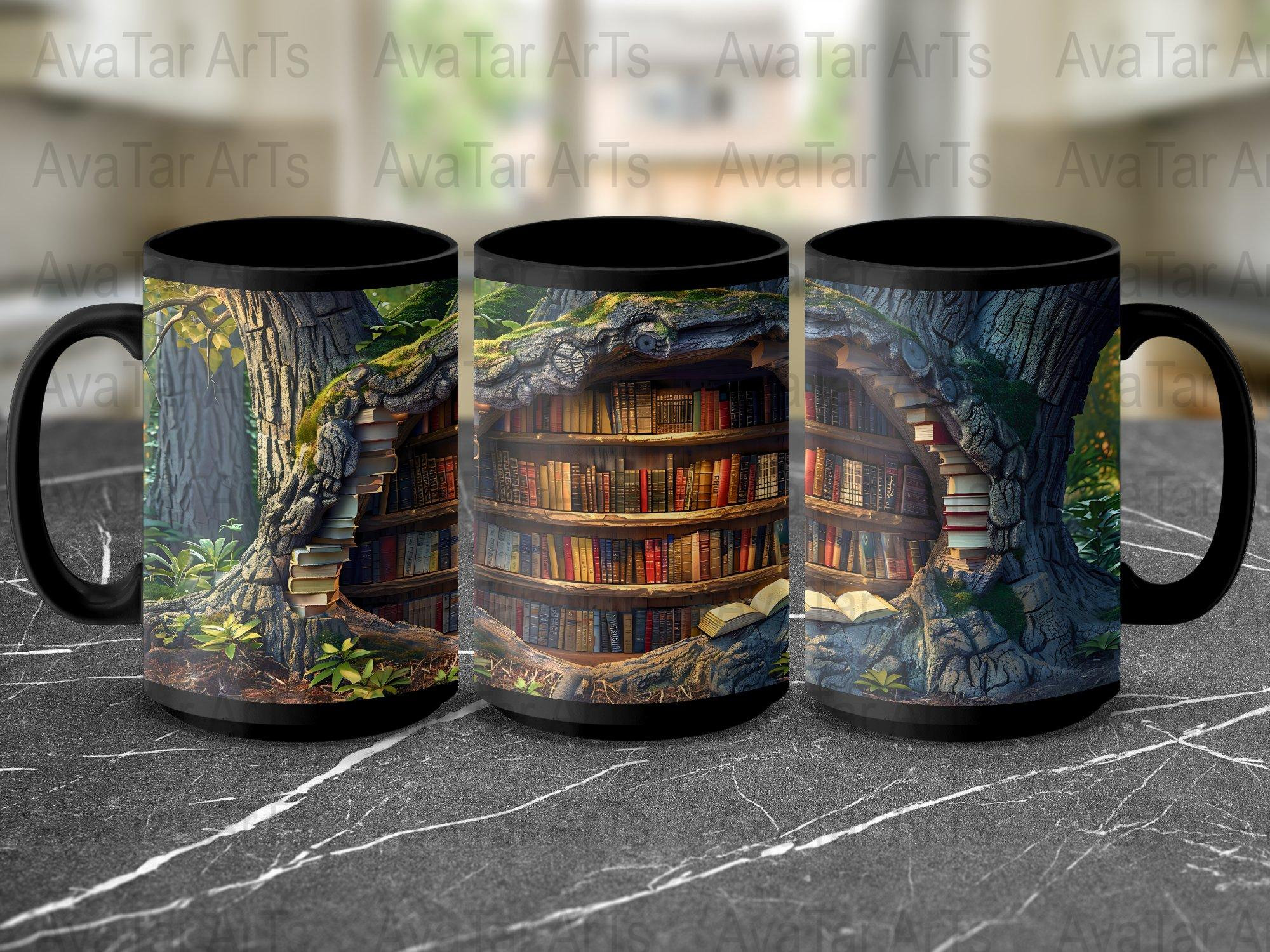 3D Enchanted Forest Bookshelf Mug, 3D Magical Tree Library Coffee Cup ...