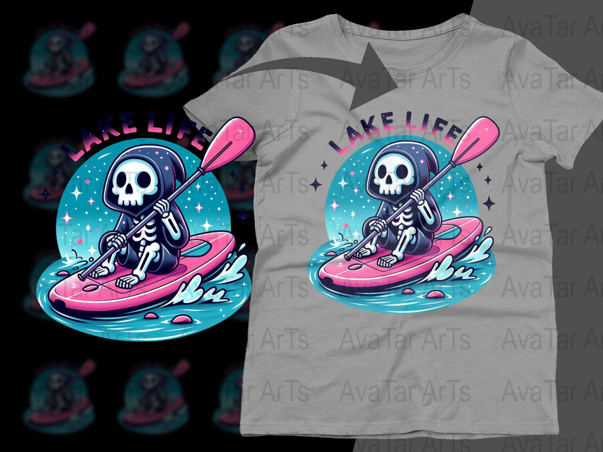 Lake Life Skeleton Kayaking Digital Print, Colorful Paddling Skull ...