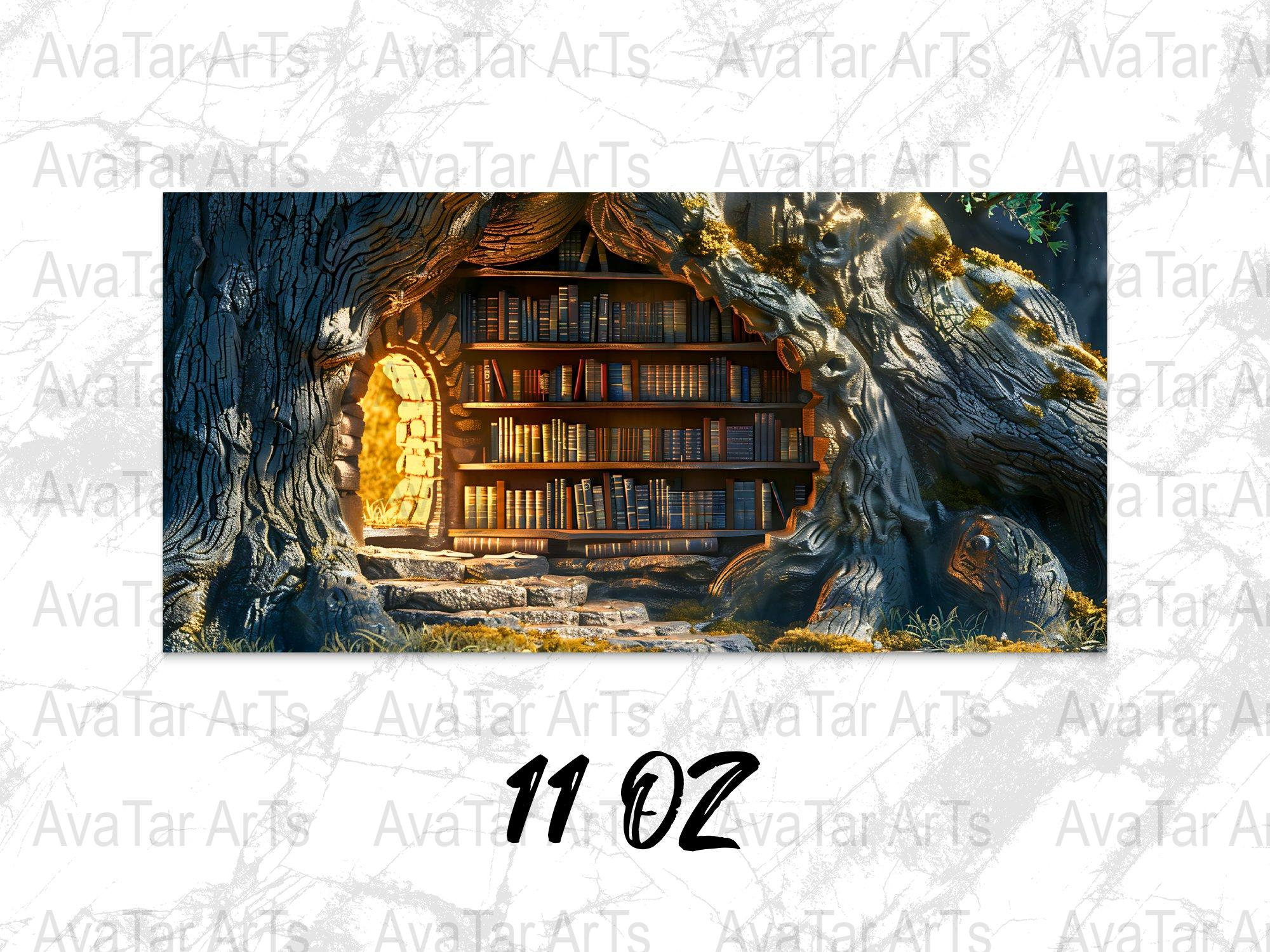 3D Enchanted Forest Library Mug, 3D Bookshelf Design, Magical Tree ...