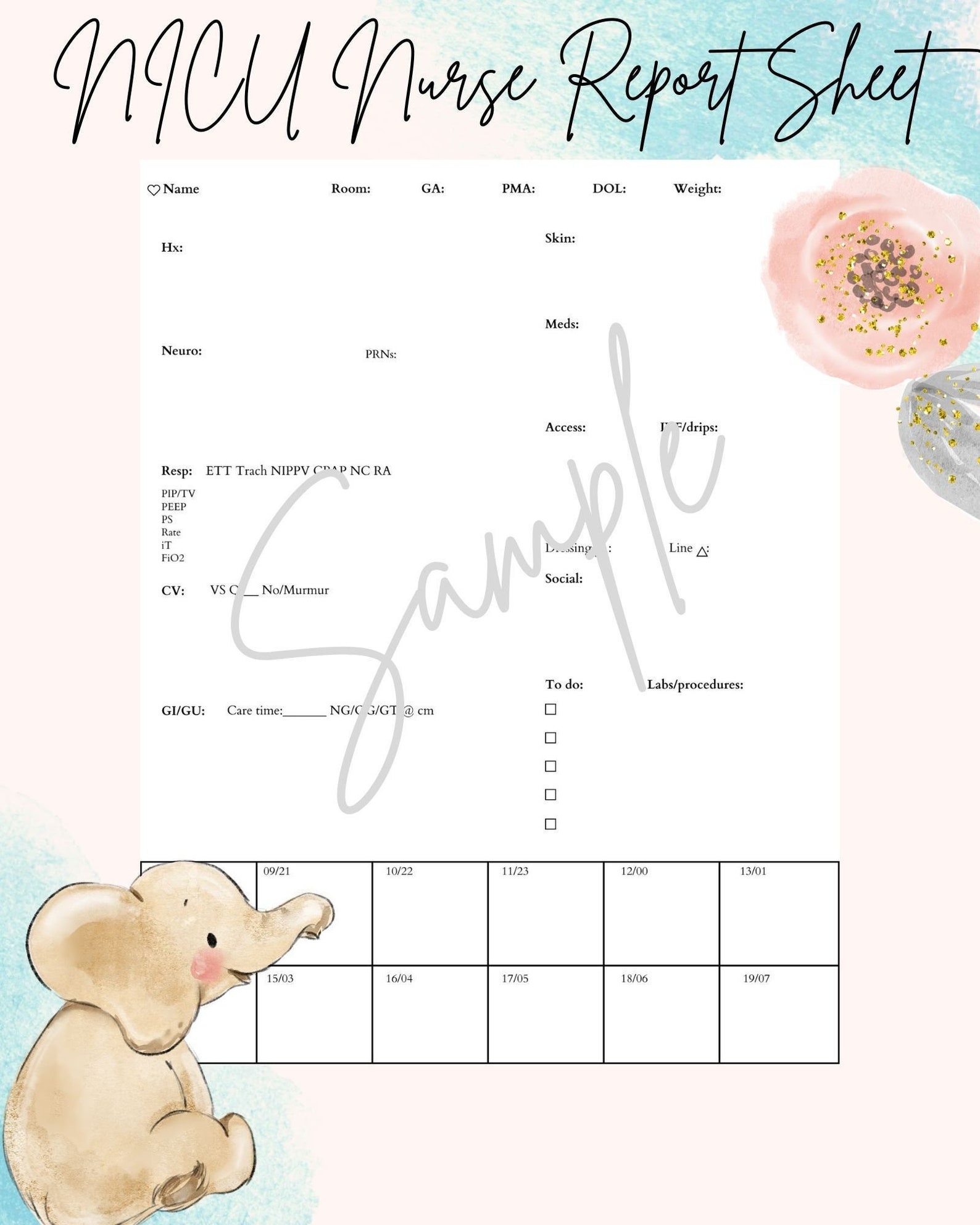 NICU Nurse Report Sheet Template // Neonatal Intensive Care Unit PDF ...