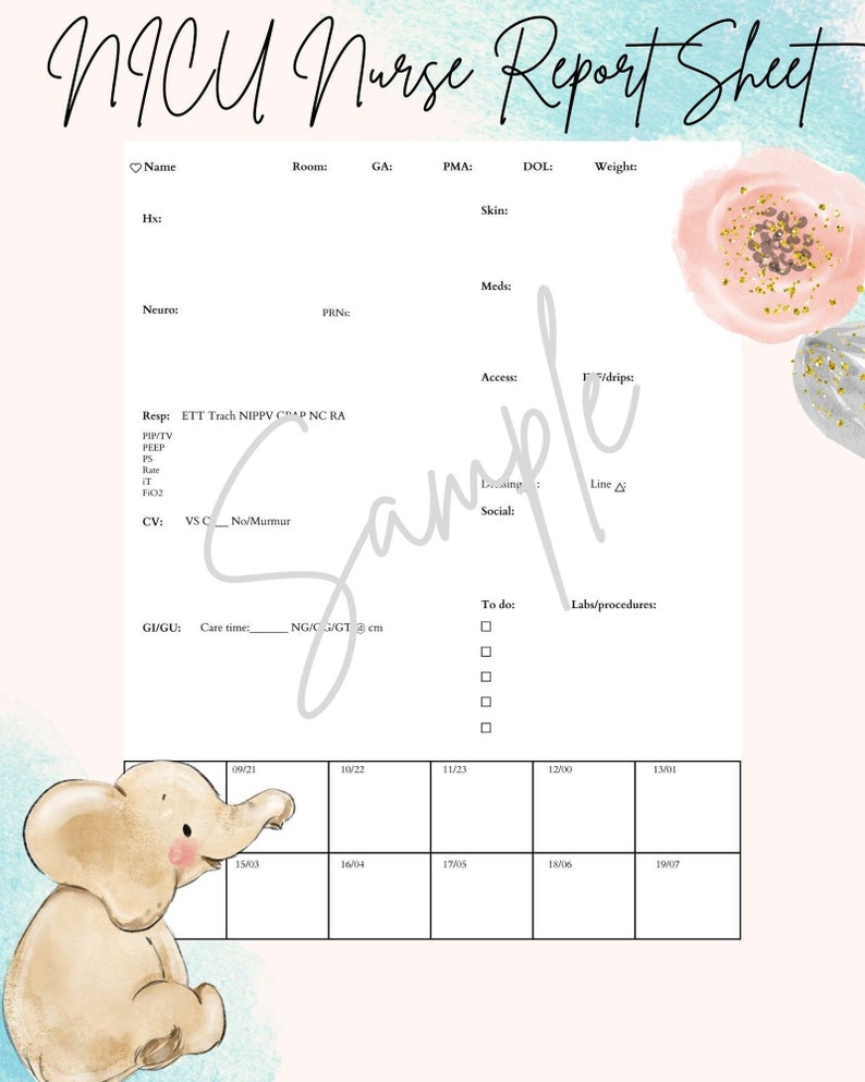 NICU Nurse Report Sheet Template // Neonatal Intensive Care Unit PDF ...