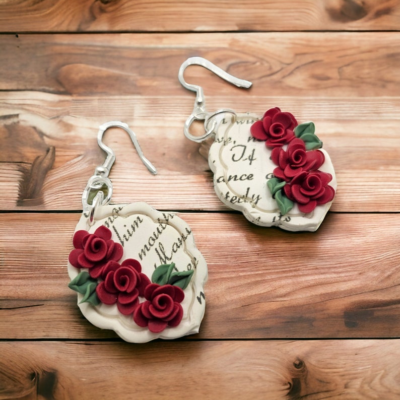 Red Rose Dangle Earrings Red Roses and Paper Earrings Red Rose Clay ...