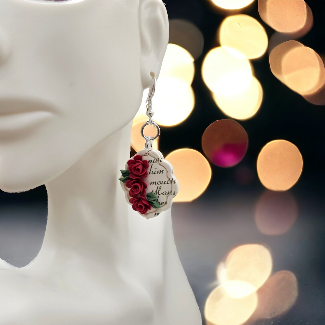 Red Rose Dangle Earrings Red Roses and Paper Earrings Red Rose Clay ...