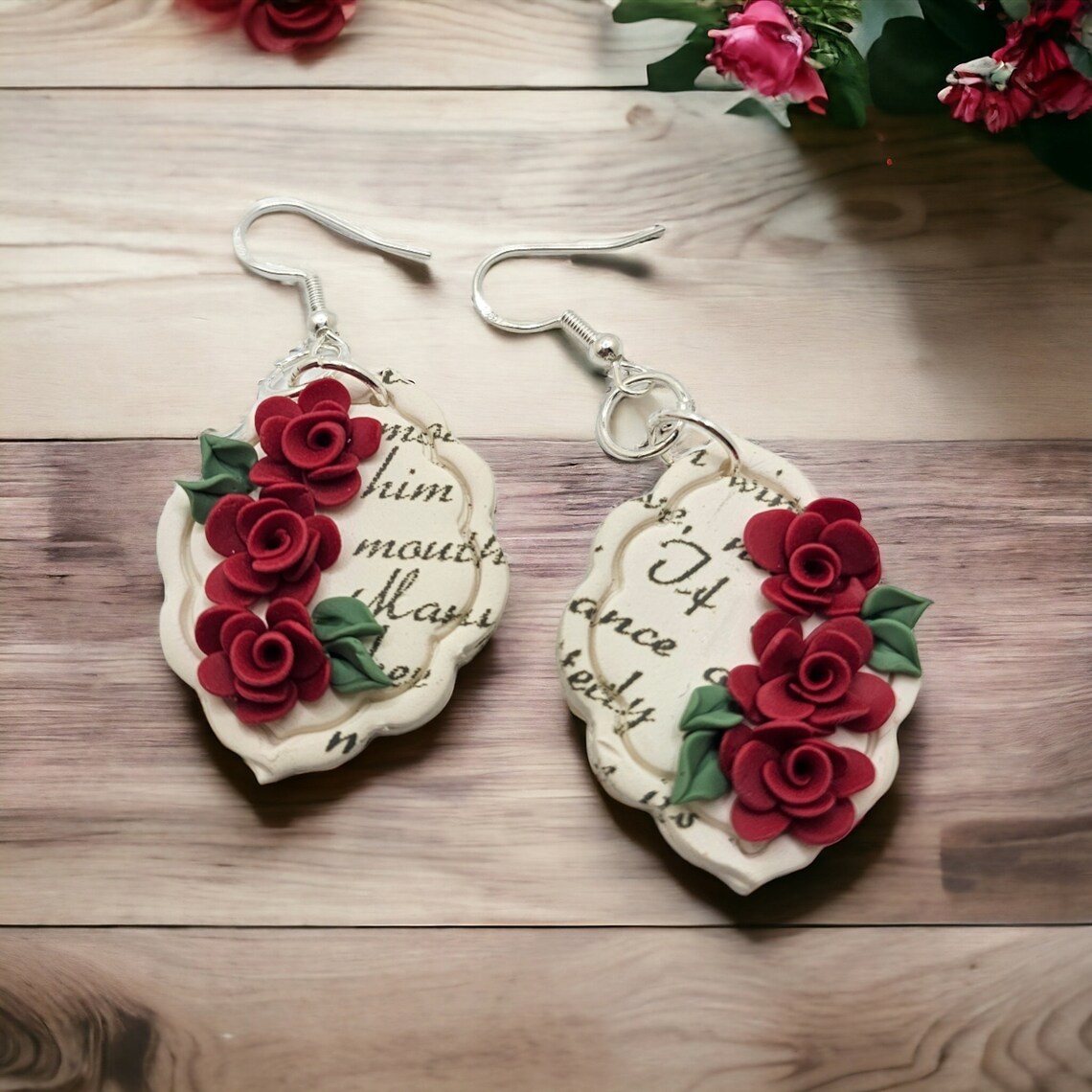Red Rose Dangle Earrings Red Roses and Paper Earrings Red Rose Clay ...