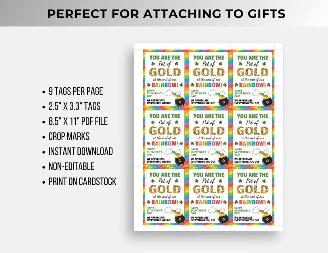 St. Patrick's Day Pot of Gold Printable Gift Tag for Staff or Employee ...